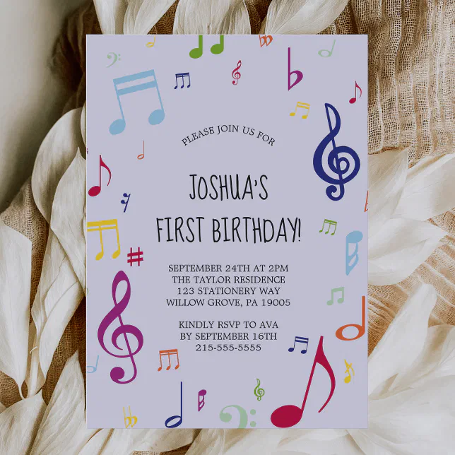 Colorful Musical Note First Birthday Party Invitation | Zazzle