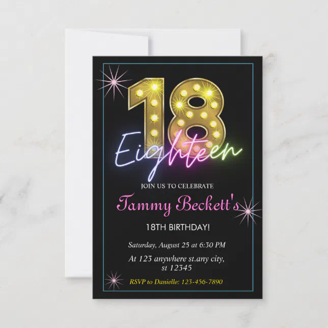 Colorful Neon 18th Birthday Marquee Lightsk Invitation | Zazzle