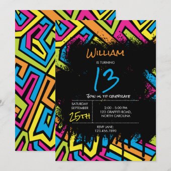 Colorful Neon Graffiti Street Art Birthday Party Invitation | Zazzle