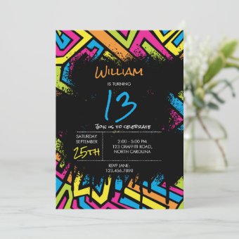 Colorful Neon Graffiti Street Art Birthday Party Invitation | Zazzle
