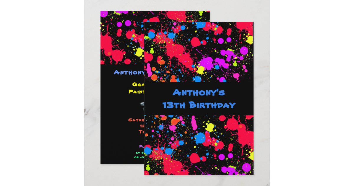 Colorful Neon, Paint Splatter Paintball Birthday Invitation | Zazzle