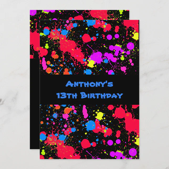 Colorful Neon, Paint Splatter Paintball Birthday Invitation | Zazzle