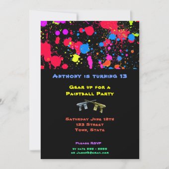 Colorful Neon, Paint Splatter Paintball Birthday Invitation | Zazzle