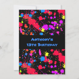 Colorful Neon, Paint Splatter Paintball Birthday Invitation | Zazzle