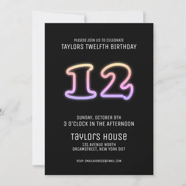 Colorful Neon Sign 12th Trendy Birthday Party Invitation | Zazzle