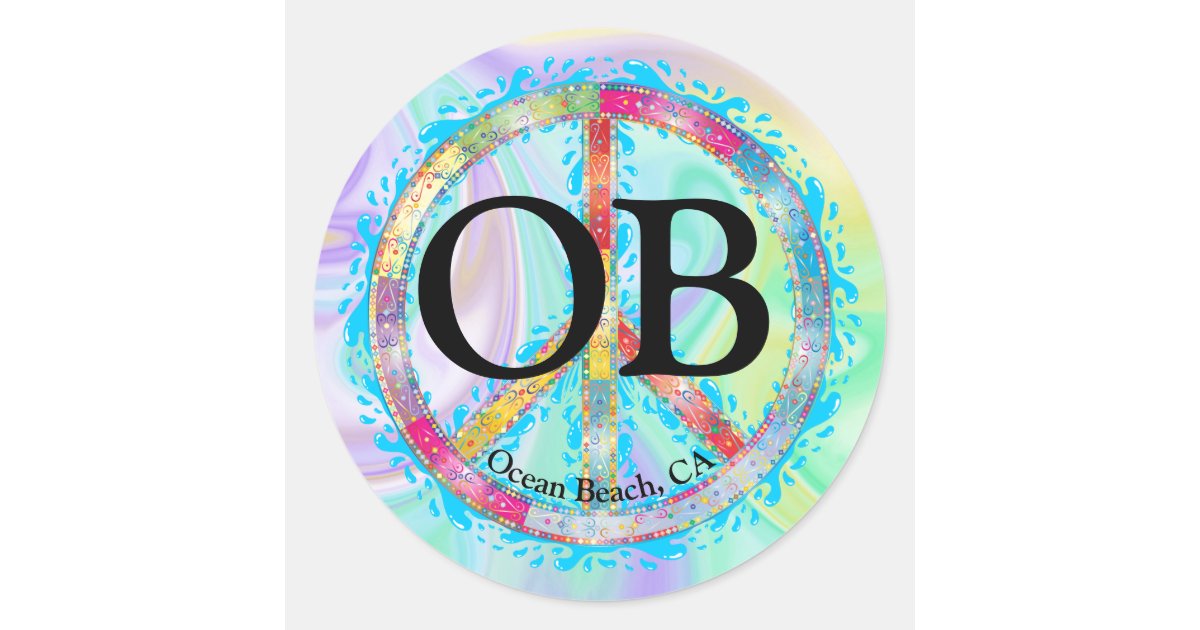Colorful OB Ocean Beach California Peace Sign Classic Round Sticker ...