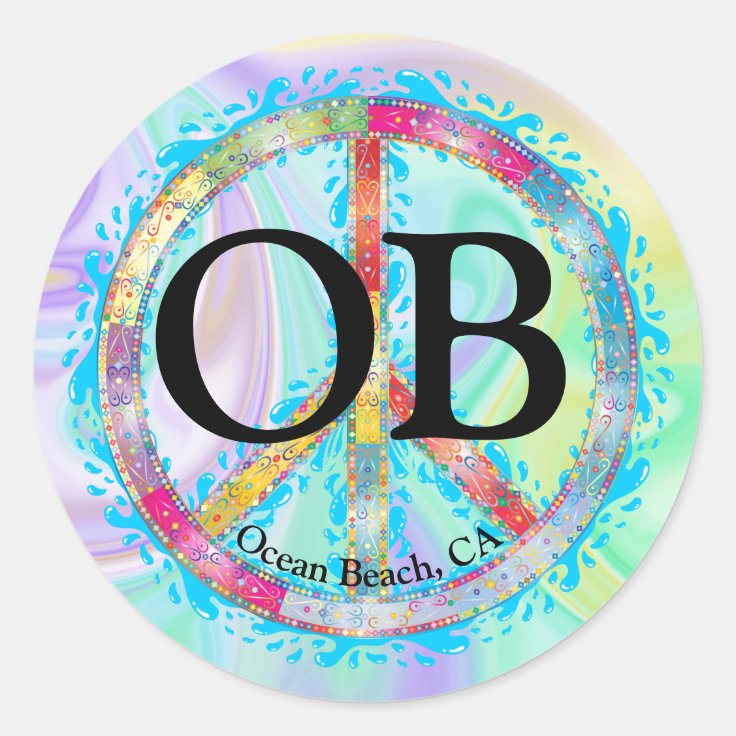 Colorful OB Ocean Beach California Peace Sign Classic Round Sticker ...