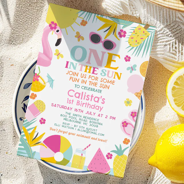Colorful One In The Sun Pool Party 1st Birthday Invitation | Zazzle