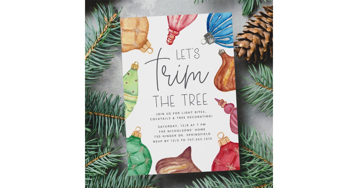 Colorful Ornaments Christas Tree Trimming Party Invitation | Zazzle