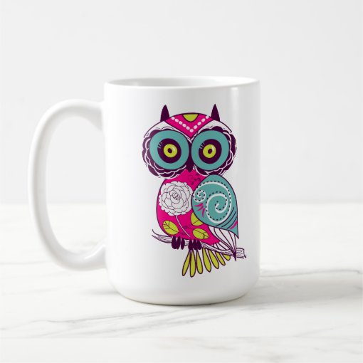 Colorful Ornate Retro Floral Hot Pink Owl Mug | Zazzle