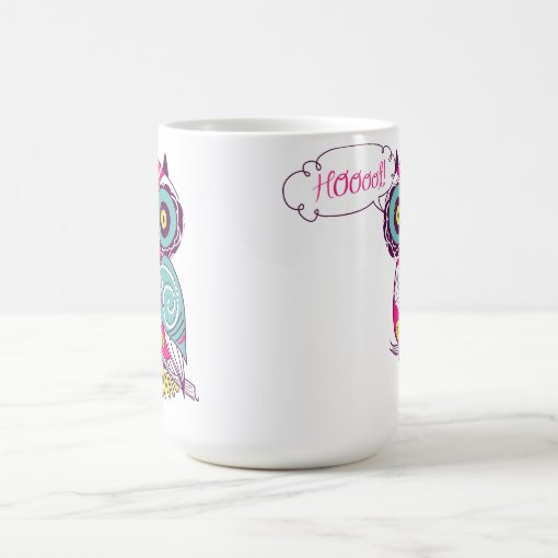Colorful Ornate Retro Floral Hot Pink Owl Mug | Zazzle