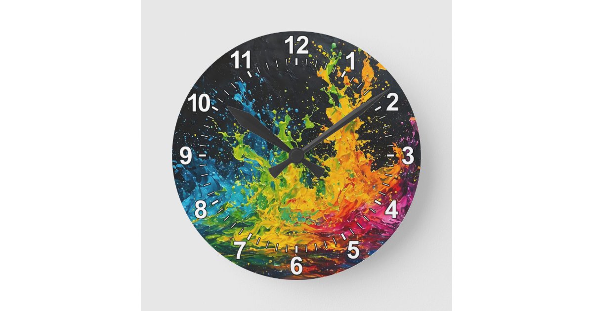 Colorful Paint Splash Round Clock | Zazzle