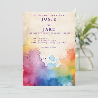 Colorful paint splashes fun wedding invitation | Zazzle