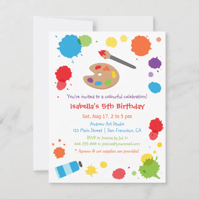 Colorful Paint Splats Painting Kids Birthday Party Invitation | Zazzle