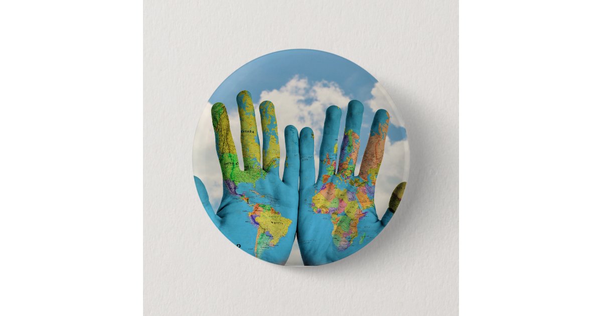 Colorful Painted World Map in Hands, Art Photo Button | Zazzle
