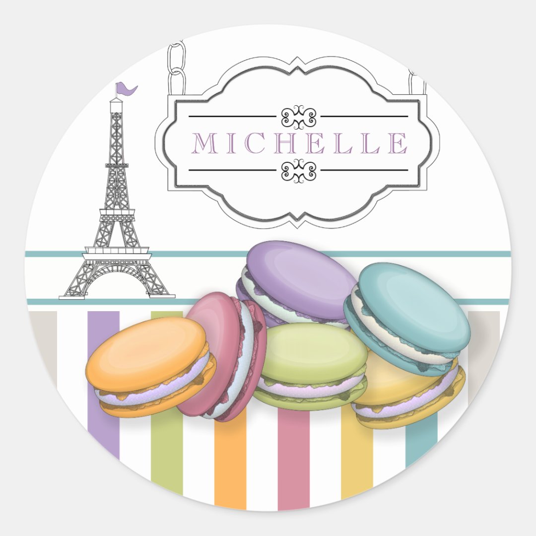 Colorful Paris Macarons Eiffel Tower Monogram Classic Round Sticker ...
