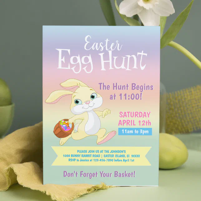 Colorful Pastel Bunny Rabbit Easter Egg Hunt Party Invitation | Zazzle