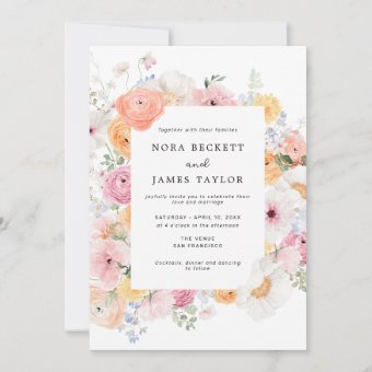 Colorful Pastel Floral Frame Wedding Invitation | Zazzle
