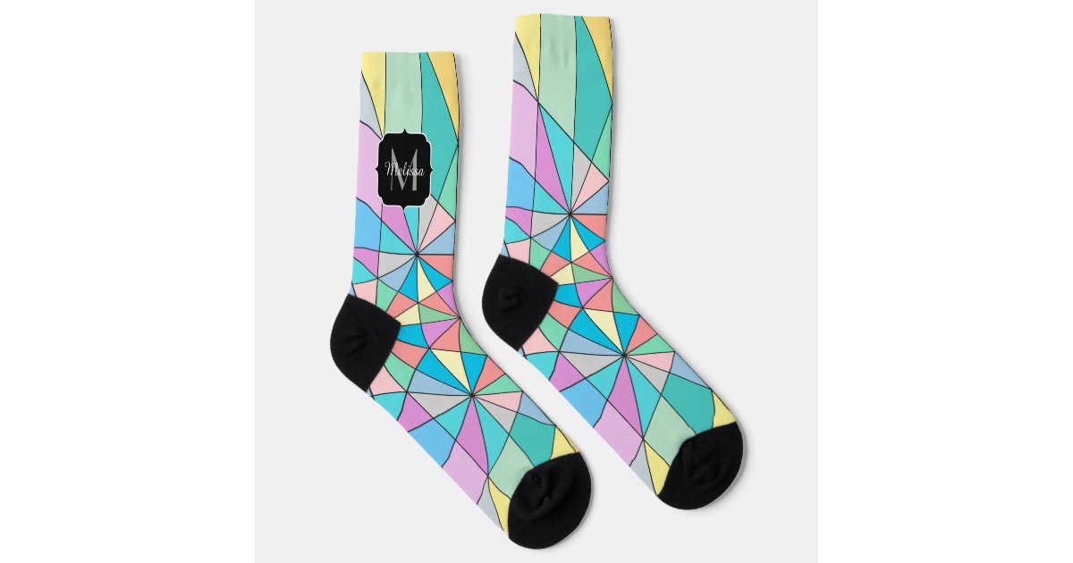 Colorful Pastel Mosaic Triangle Pattern Monogram Socks | Zazzle