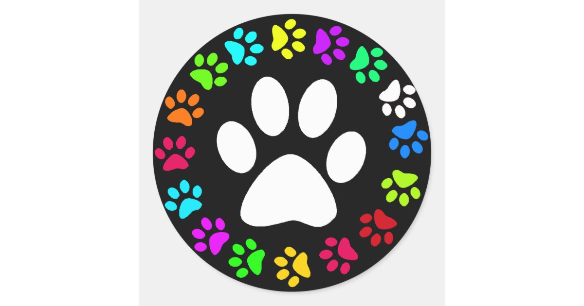 COLORFUL PAW PRINTS CLASSIC ROUND STICKER | Zazzle