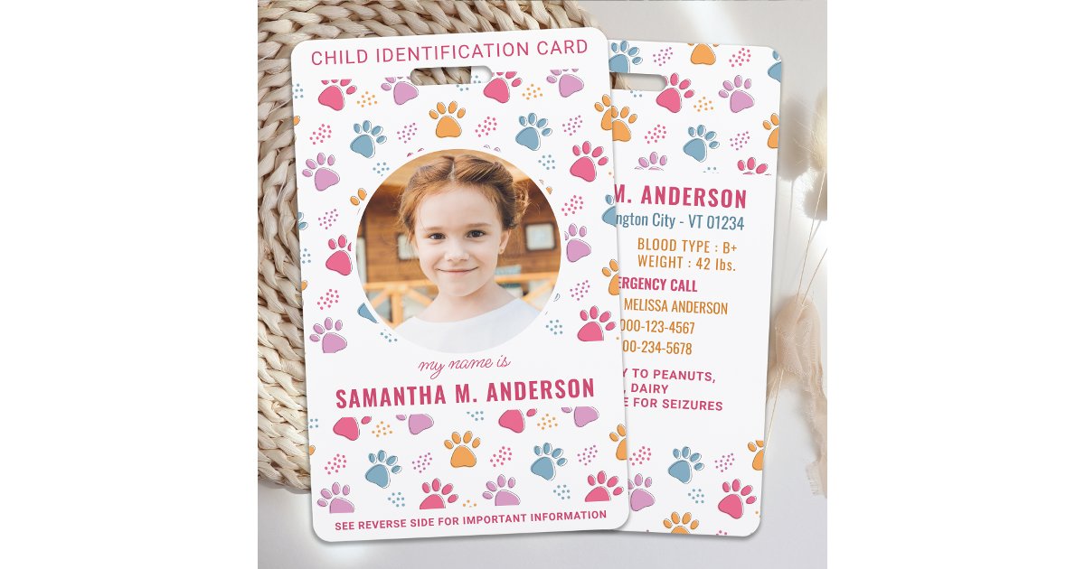 Colorful Paw Prints Custom Photo Safety Child ID Badge | Zazzle