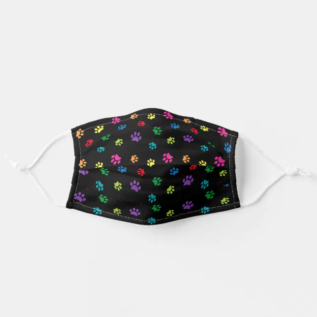 Colorful Paw Prints Pattern on Black Adult Cloth Face Mask | Zazzle
