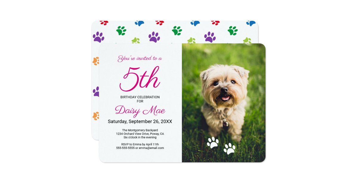 Colorful Paw Prints Pink Pet Birthday Photo Invitation | Zazzle.com