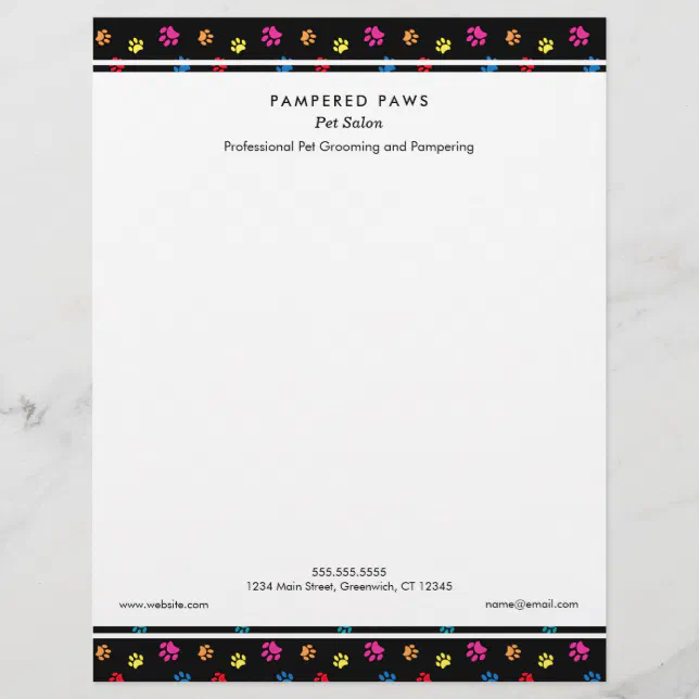 Colorful Paw Prints Professional Pet Salon Letterhead | Zazzle