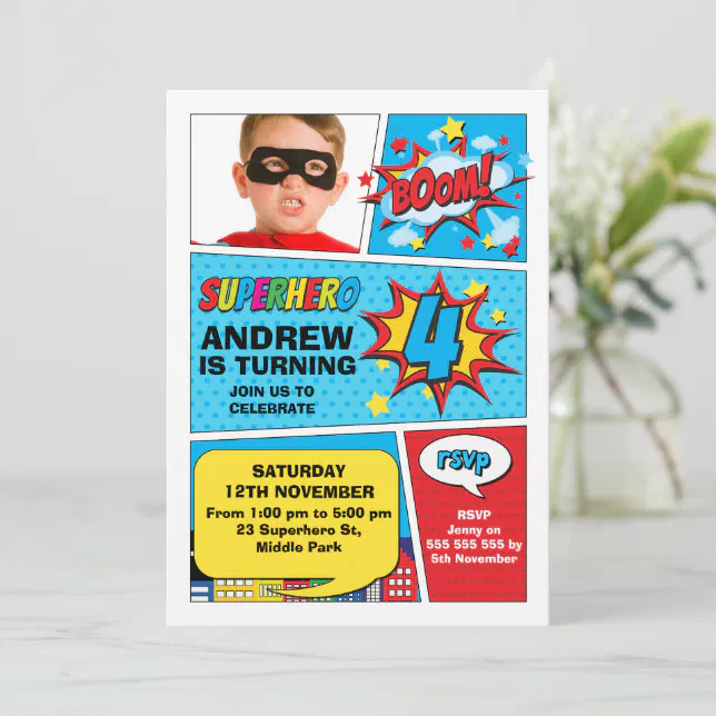 Colorful Photo Boom Superhero 4th Birthday Invitation | Zazzle