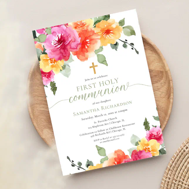 Colorful pink orange peonies first holy communion invitation | Zazzle