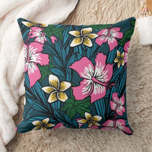 Colorful Pink Yellow Teal Polynesian Floral Pillow | Zazzle