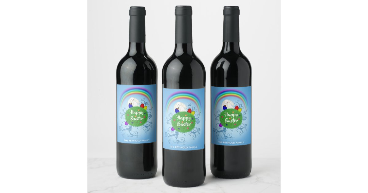 Colorful Planet White Rabbit Happy Easter Wine Label | Zazzle