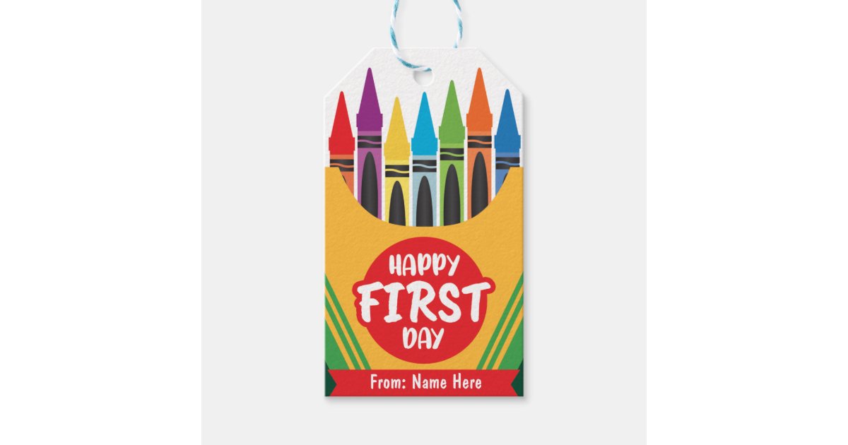 Colorful playful Crayola Color First Day Of School Gift Tags | Zazzle