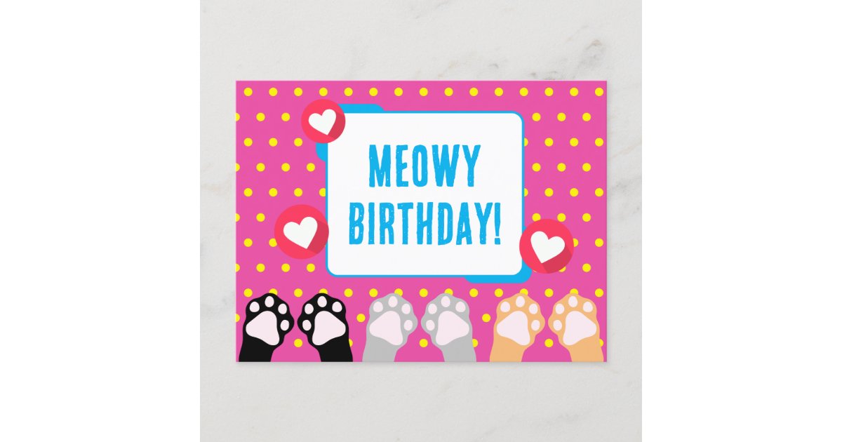Colorful Polka Dot Cat Paws Up Happy Birthday Postcard | Zazzle