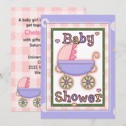 Colorful Pram Baby Girl Shower Invitation | Zazzle