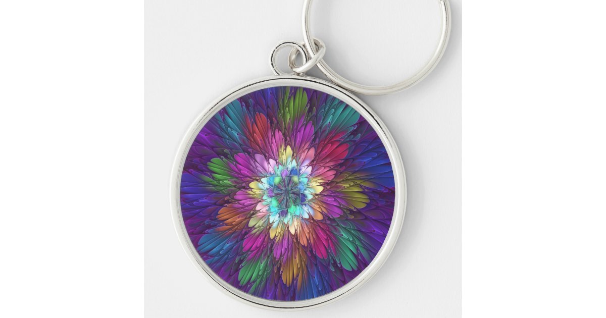 Colorful Psychedelic Flower Abstract Fractal Art Keychain | Zazzle