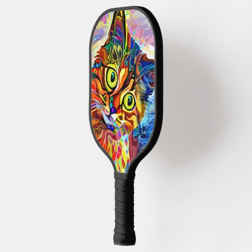 Colorful Psychedelic Painted Cat Monogram Pickleball Paddle | Zazzle