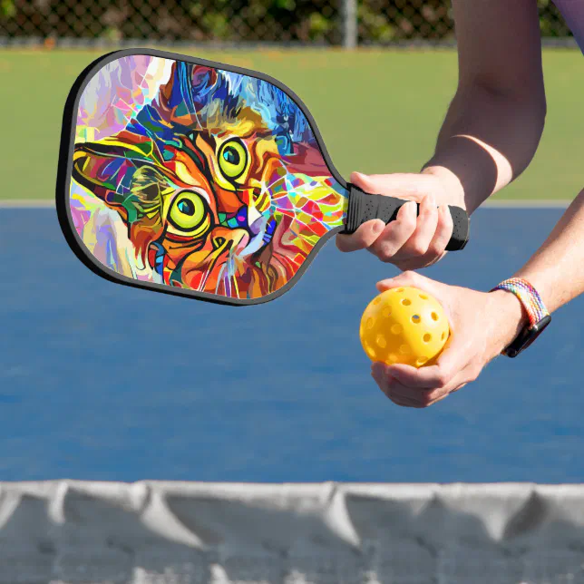 Colorful Psychedelic Painted Cat Monogram Pickleball Paddle | Zazzle