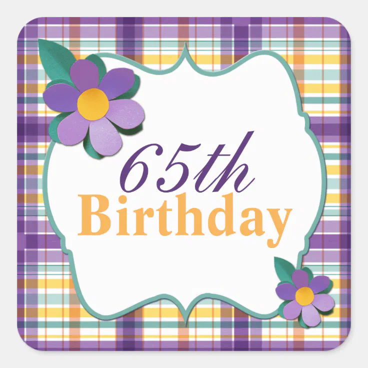 Colorful Purple Yellow Plaid 65th Birthday Sticker | Zazzle