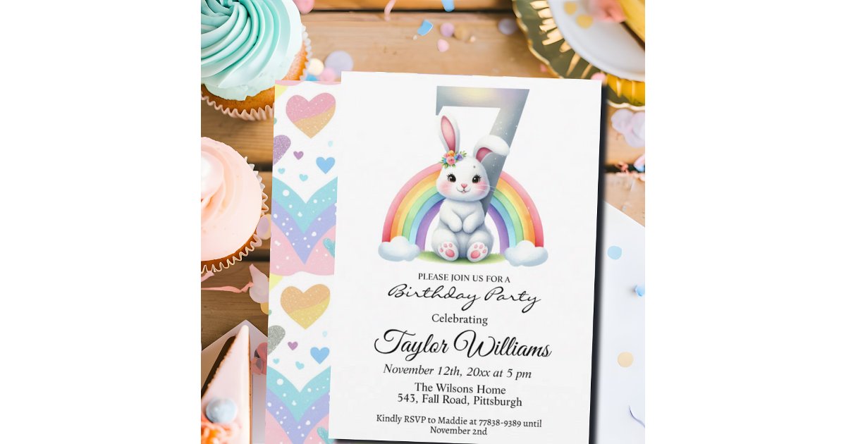 Colorful Rainbow and Bunny 7th Birthday Party Invitation | Zazzle