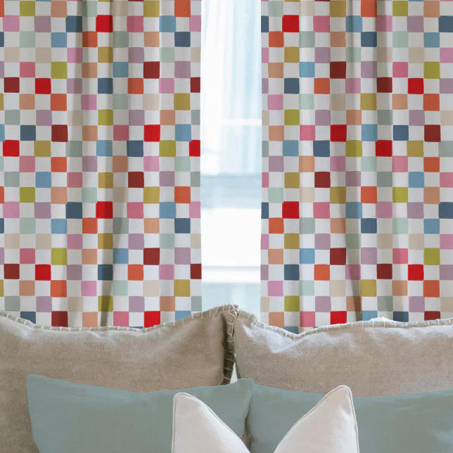 Colorful Rainbow Hand-Drawn Checkered Plaid Sheer Curtains | Zazzle