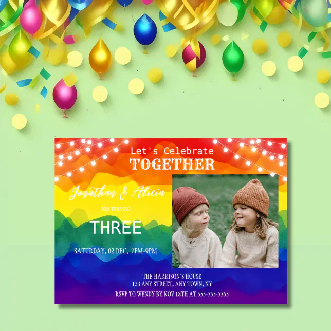 Colorful Rainbow Lights Photo Joint Birthday Invitation | Zazzle