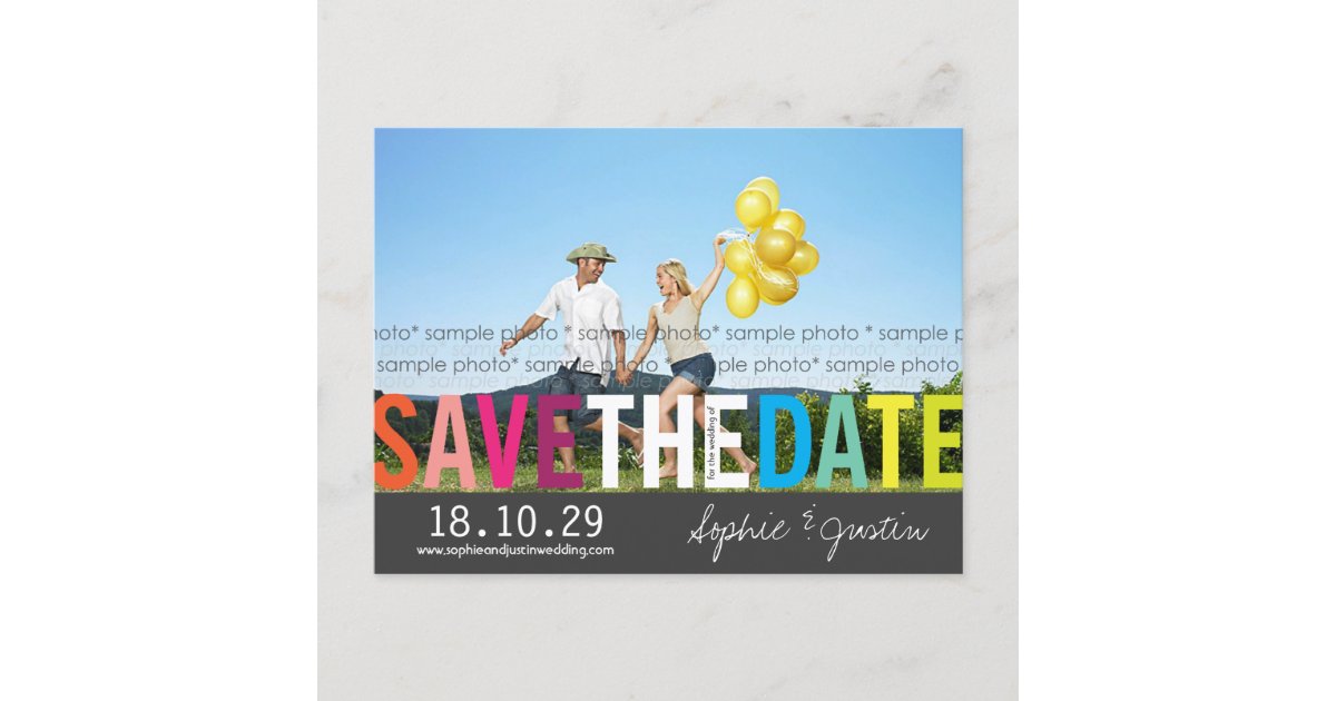 Colorful Rainbow Text Save The Date Photo Postcard | Zazzle