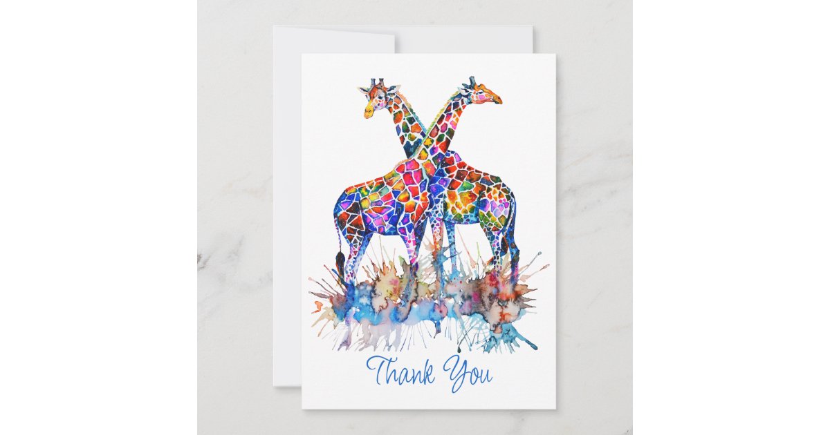 Colorful Rainbow Watercolor Splatter Giraffes Thank You Card | Zazzle