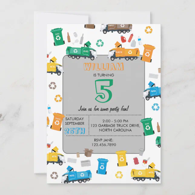 Colorful Recycling Garbage Trucks & Bins Birthday Invitation | Zazzle