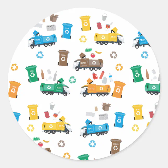 Colorful Recycling Garbage Trucks & Bins Classic Round Sticker | Zazzle