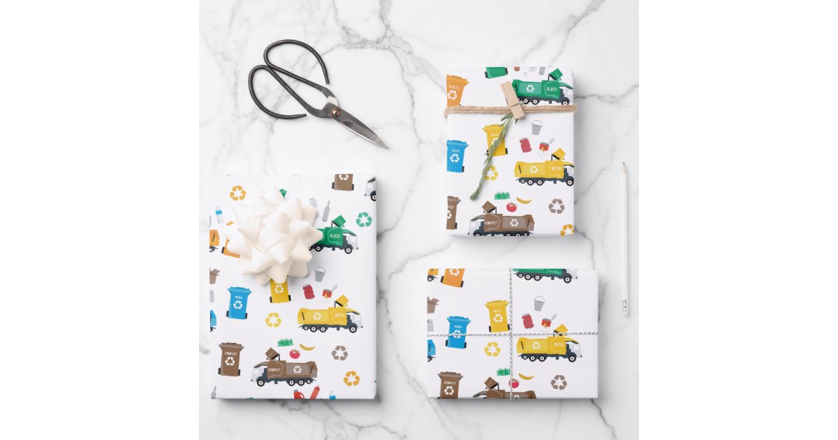 Colorful Recycling Garbage Trucks & Bins Wrapping Paper Sheets | Zazzle