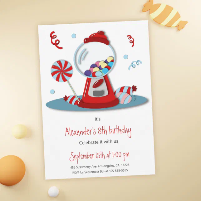 Colorful Red Blue Gumball Machine Birthday Invitation | Zazzle