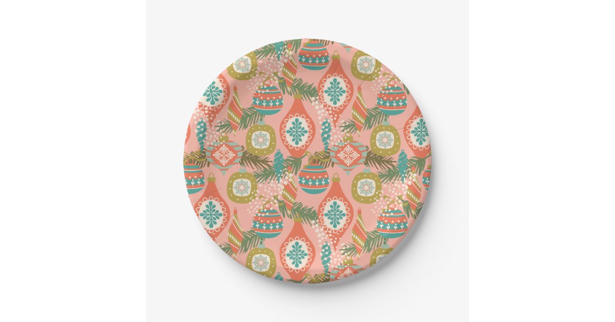 Colorful Retro Christmas Ornaments Holiday Paper Plates | Zazzle