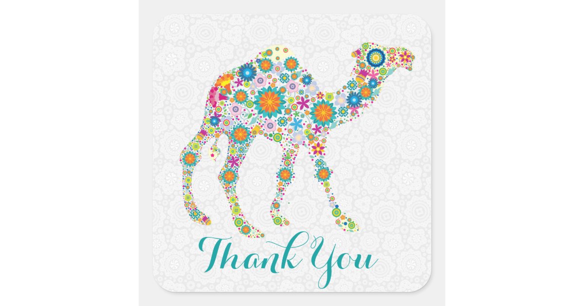Colorful Retro Floral Camel Thank You Square Sticker | Zazzle